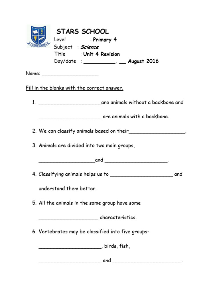 Science P4 Revision Unit 4 Pdf Egg Vertebrates