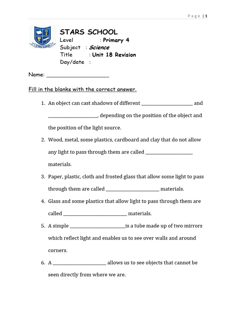Science P4 Revision Unit 18 Pdf Light Shadow
