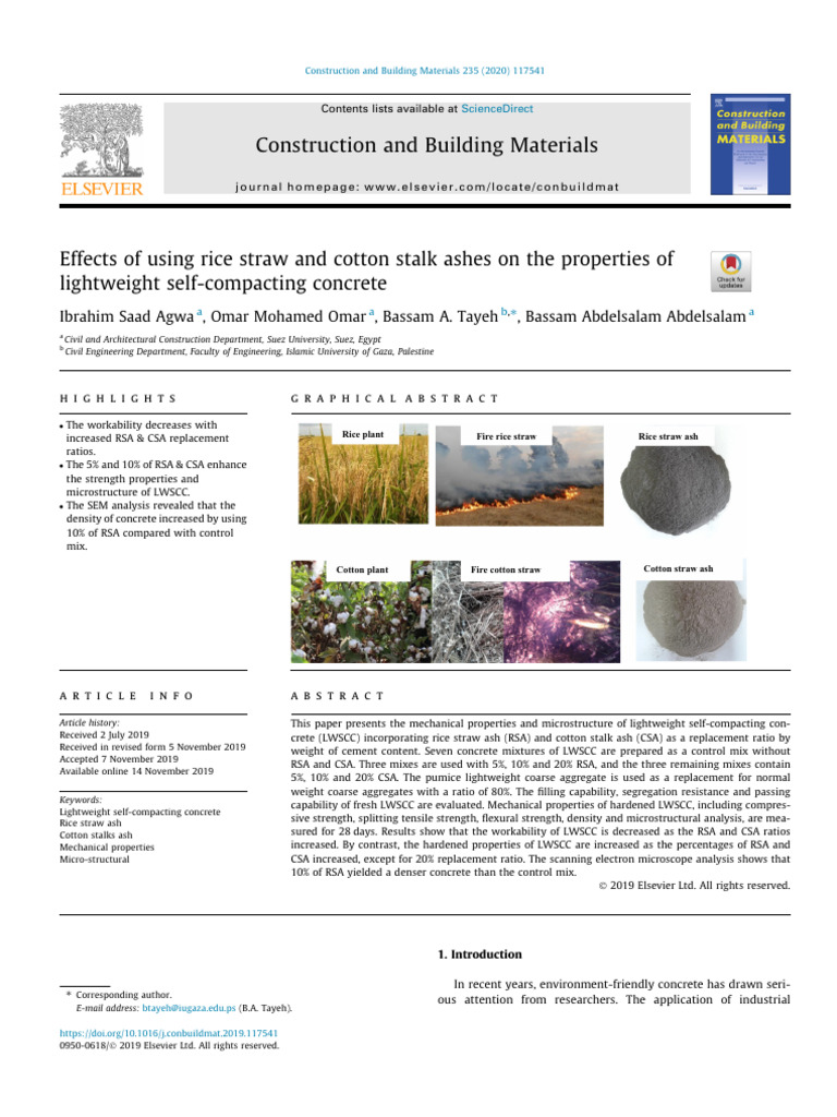 Effects of Using Rice Straw and Cotton Stalk Ashes On The Properties of ...