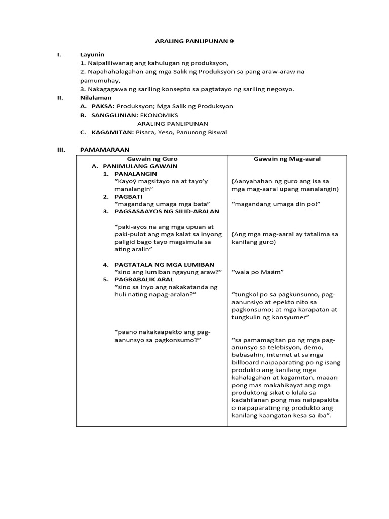 Detailed Lesson Plan For Araling Panlipunan Konsumo at Produksyon | PDF
