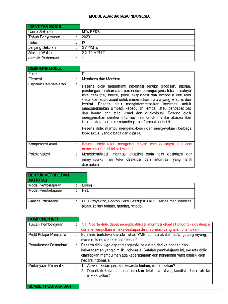 Modul Ajar Teks Deskripsi (Identifikasi Informasi) | PDF