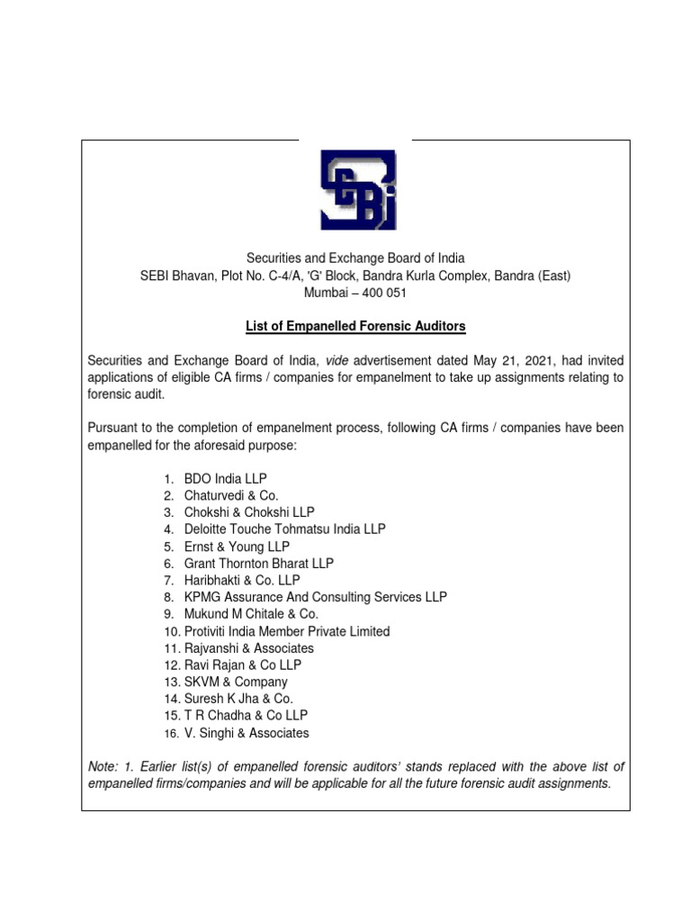 SEBI - List of Forensic Auditors | PDF