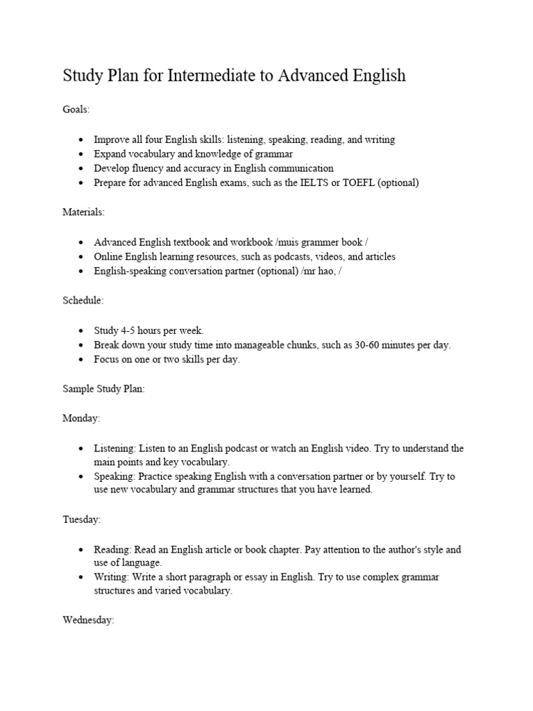 Intermediate to Advanced English Study Plan | PDF | English Language ...