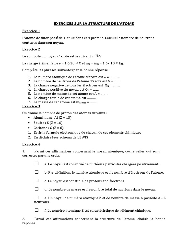 Exercices Sur La Structure de L'atome | PDF | Noyau atomique | Atomes