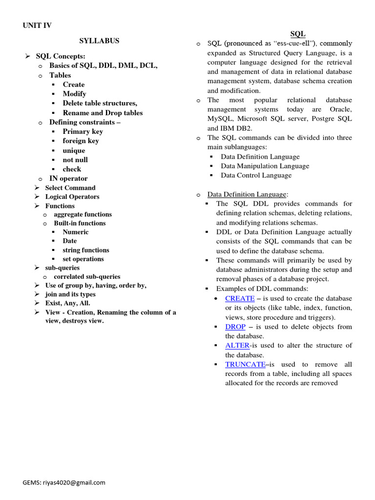 UNIT4 | PDF | Relational Database | Sql