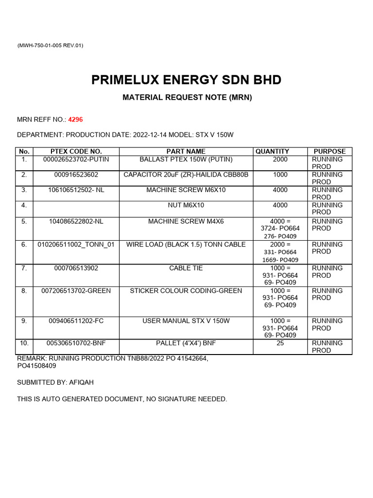 Production Material Request | PDF | Manufactured Goods | Electrical ...