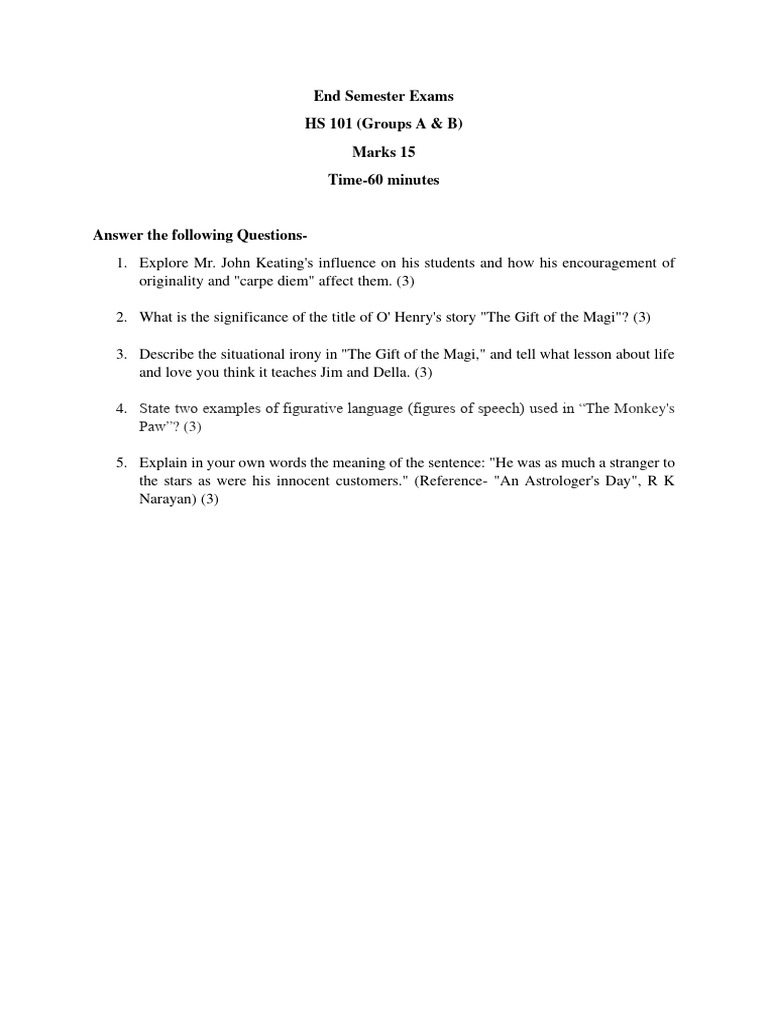 End Semester Exam Questions | PDF