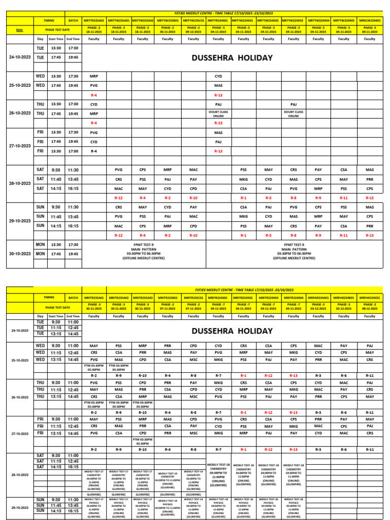TIME TABLE 24-10-2023 To 30-10-2023 | PDF