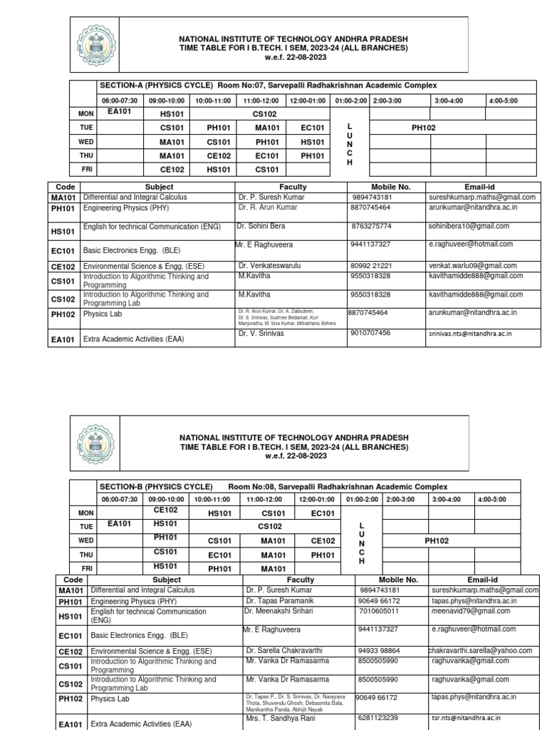 I B.tech. Isem-Physics Cycle-ABCD - Time Table - AY2023 - 24 | PDF