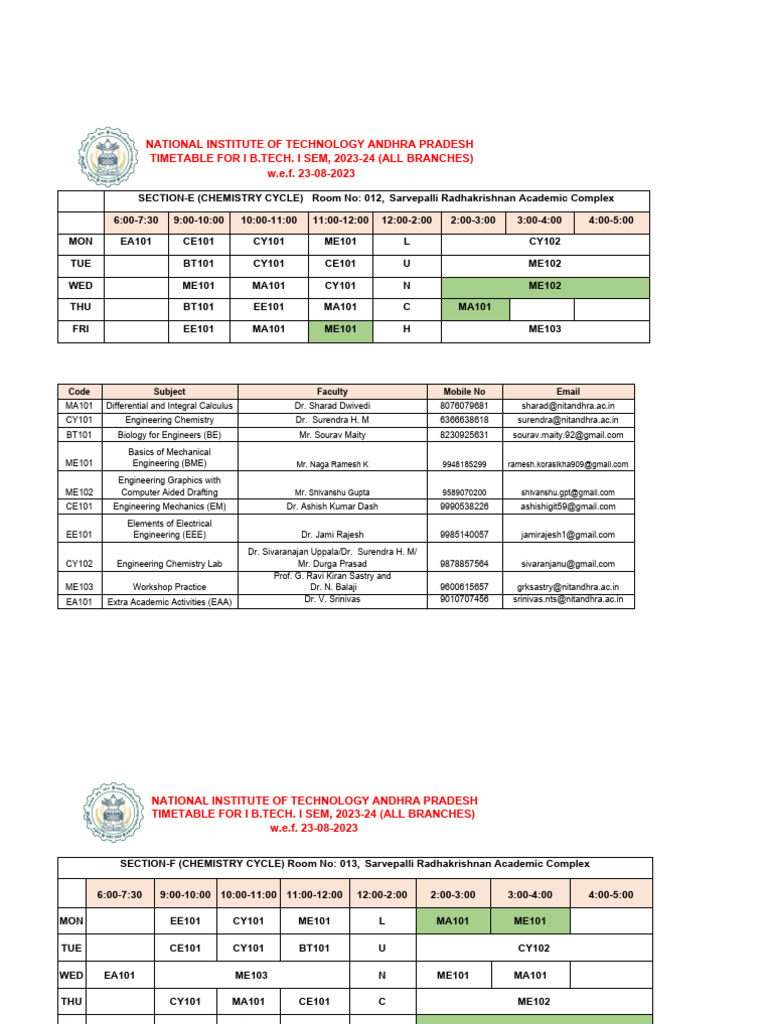 Final TIMETABLE - Chemistry Cycle (E, F, G and H Sections) - I Sem-I B.tech AY2023-2024 - 1 | PDF
