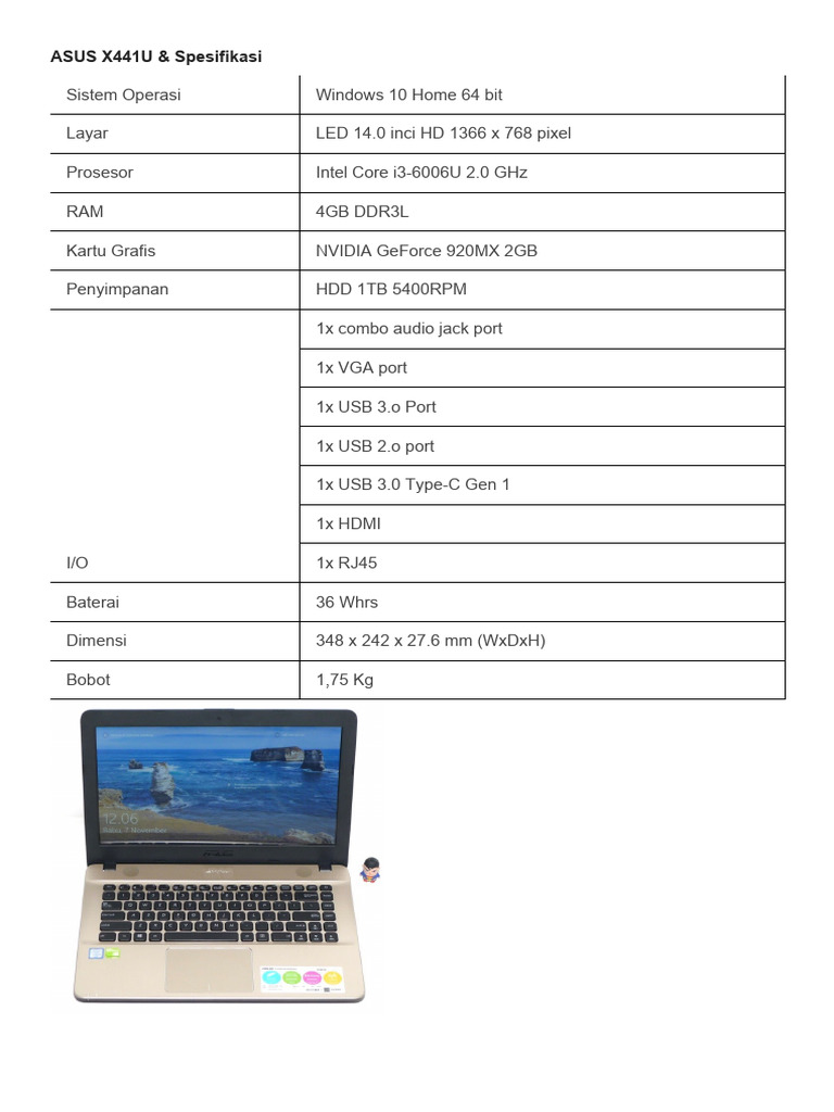 Spesifikasi Laptop ASUS X441U | PDF