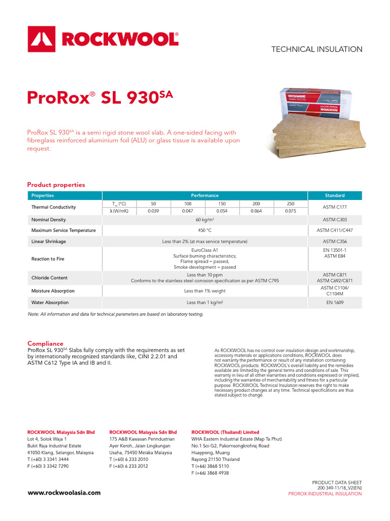 Rockwool Slab SL930 | PDF | Thermal Insulation | Chemistry