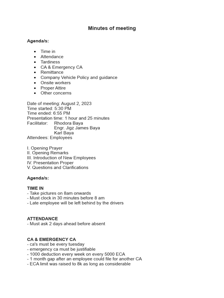 Minutes of Meeting - Aug. 2, 2023 | PDF | Vehicles | Transport