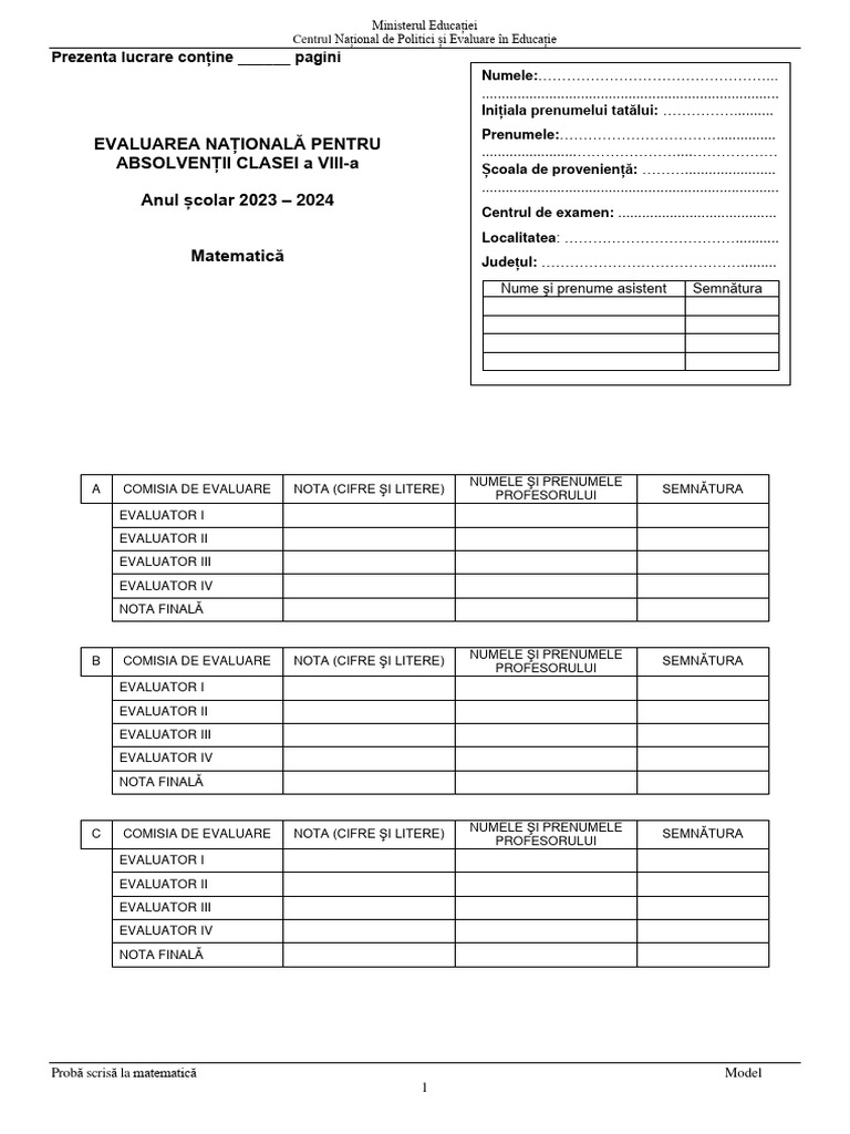 En VIII Matematica 2024 Var Model | PDF