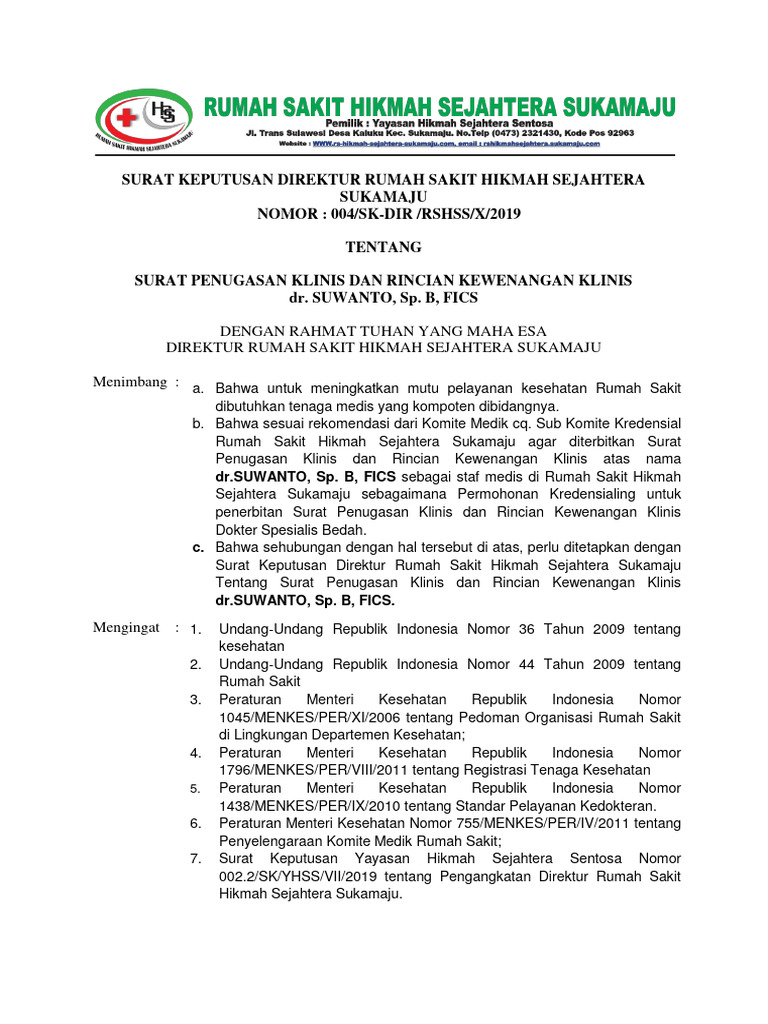 SK Penugasan Klinis Dr. SUWANTO, SP.B, Fics) | PDF