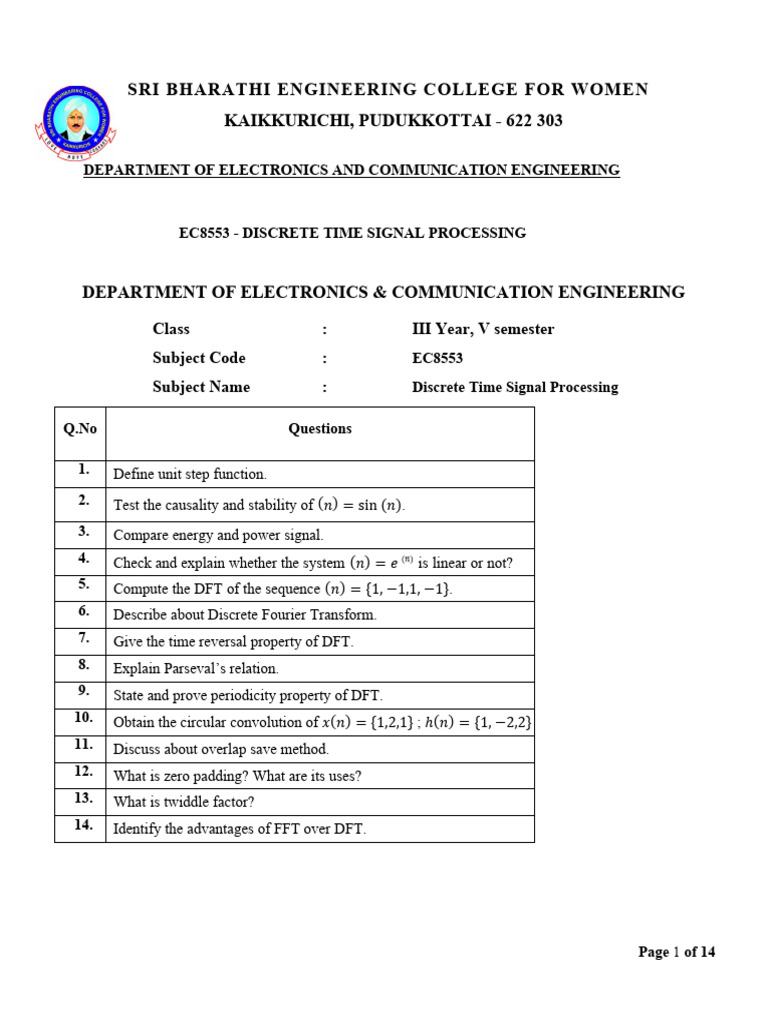 EC8553 DTSP (Question Bank) | PDF | Discrete Fourier Transform | Fast Fourier Transform