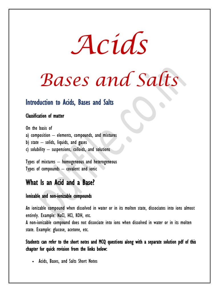 Acids Bases and Salts Notes PDF | PDF | Acid | Ph