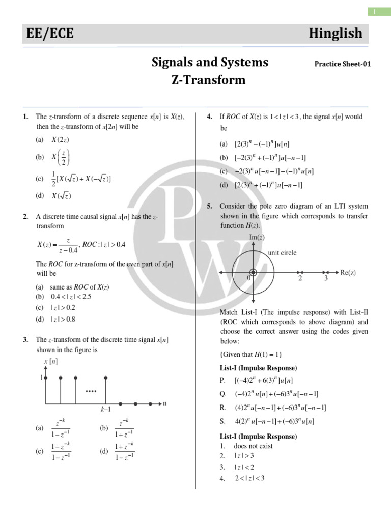 Z-Transform - Practice Sheet 01 | PDF | Functions And Mappings | Control Theory