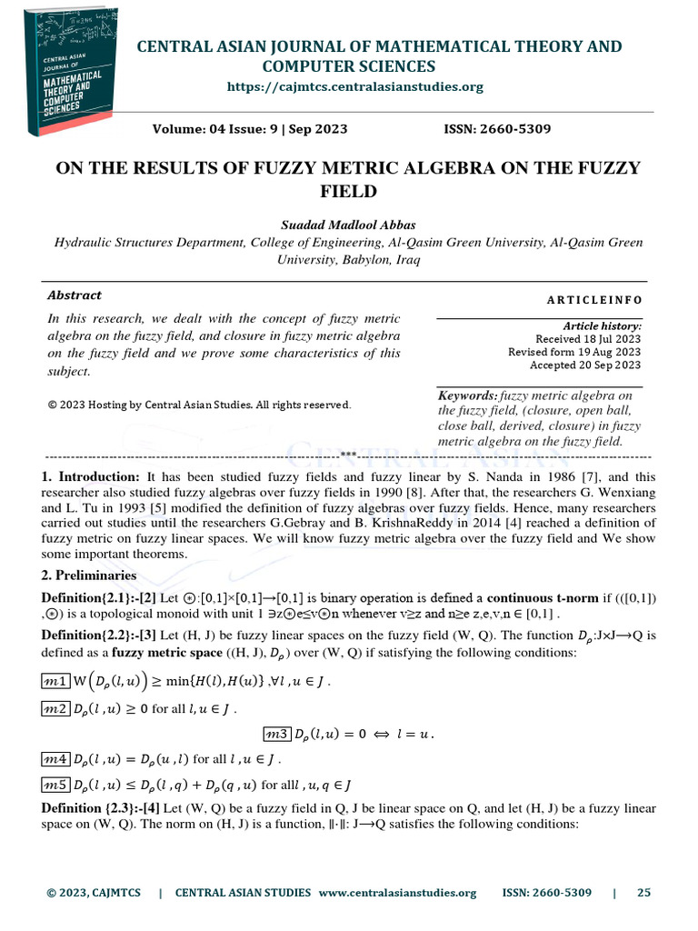 On The Results of Fuzzy Metric Algebra On The Fuzzy Field | PDF | Field (Mathematics) | Theorem