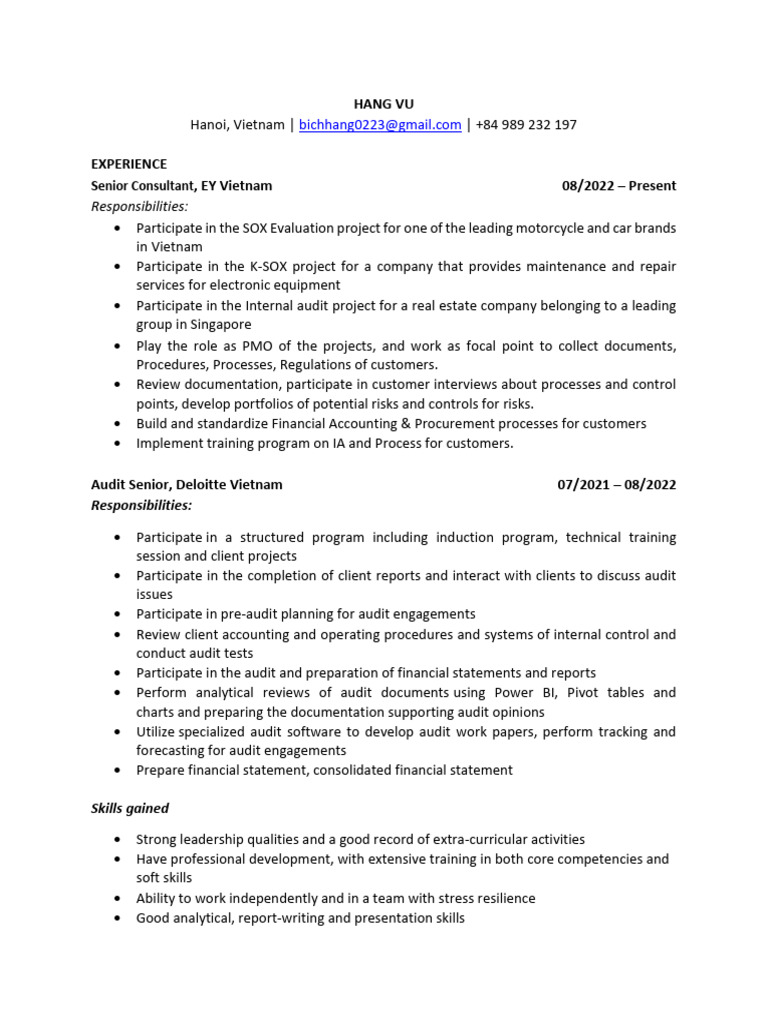 CV - Hang Vu | PDF | Audit | Financial Statement