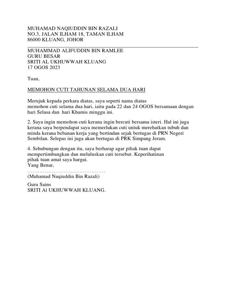 Surat Mohon Cuti | PDF | Karier & Perkembangan