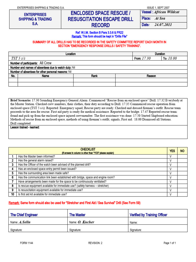 FORM NO 1144 2011-07-24 Enclosed Space Rescue Drill | PDF | Shipping ...
