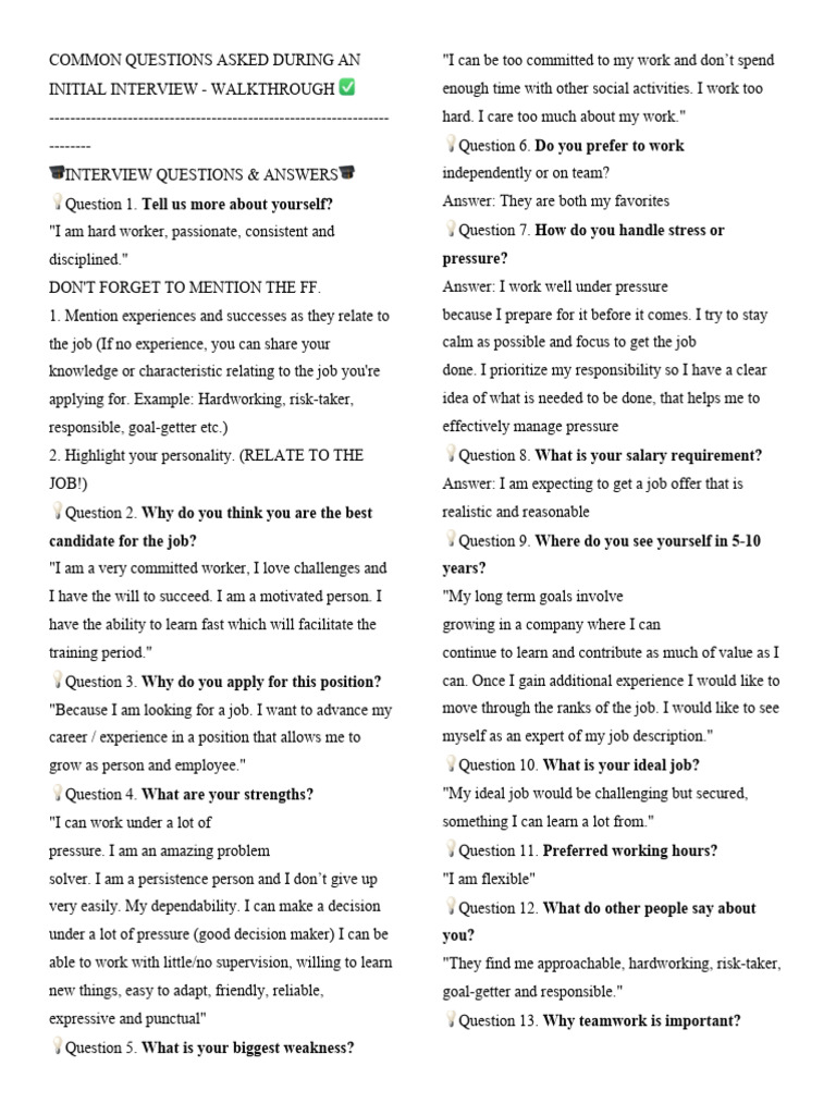 COMMON QUESTIONS ASKED DURING AN INITIAL INTERVIEW | PDF | Question ...