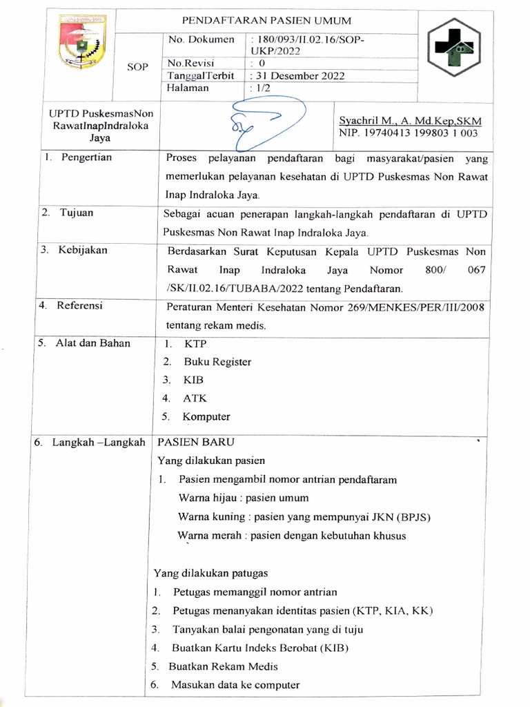Sop Pendaftaran Pasien Umum Pdf