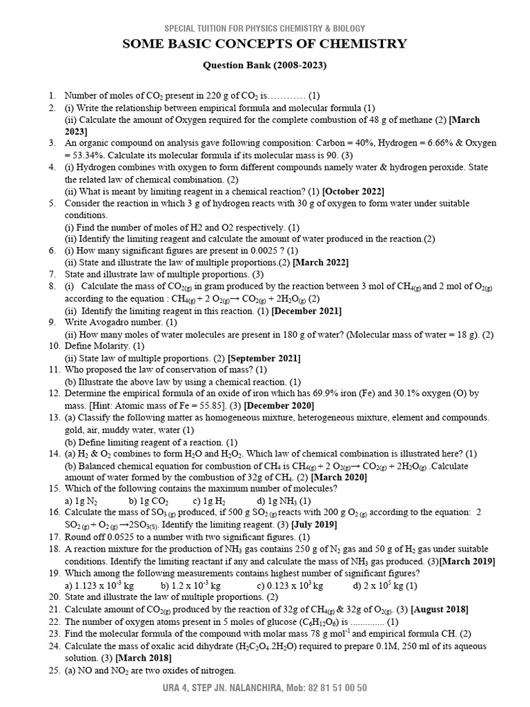 Plus 1 - Chemistry PYQ SCERT Some Basic Concepts of Chemistry | PDF | Mole (Unit) | Chemical ...
