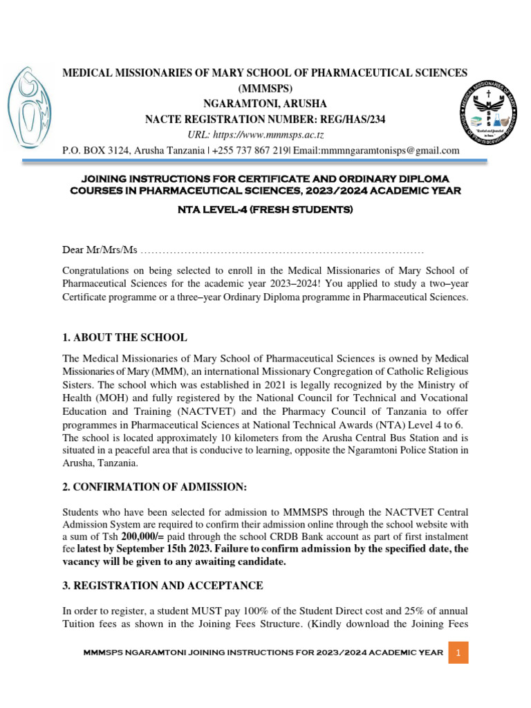 Joining Instruction For Nta Level 4-2 | PDF | Fee | Banks