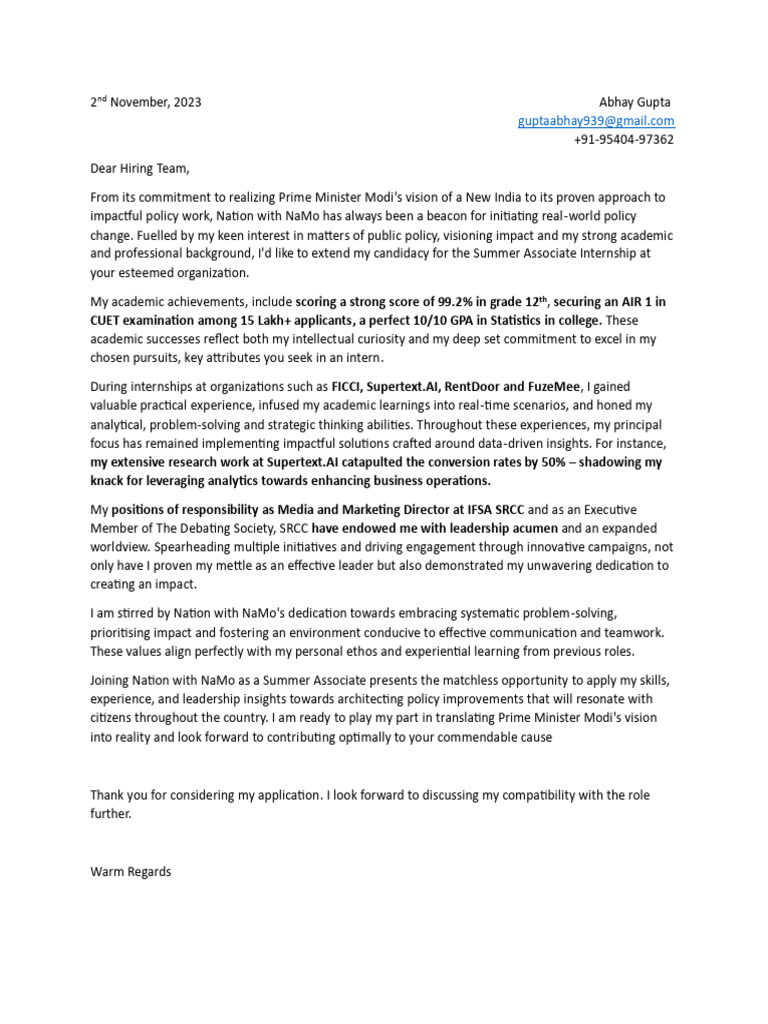 Nation With Namo Cover Letter - Abhay Gupta | PDF | Leadership | Cognition Nation With Namo Cover Letter - Abhay Gupta | PDF | Leadership | Cognition