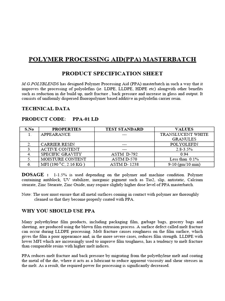 PPA Spec Sheet With Graph | PDF | Polyethylene | Melting
