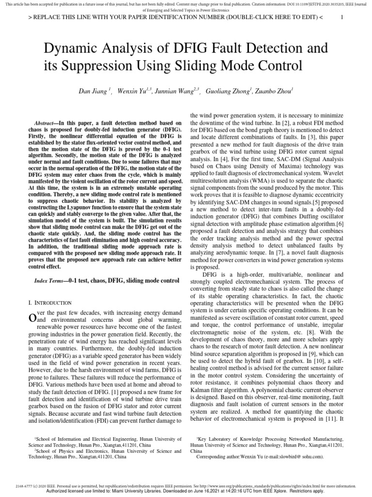 2020 - Jiang - Dynamic Analysis of DFIG Fault Detection and Its Suppression Using Sliding Mode ...
