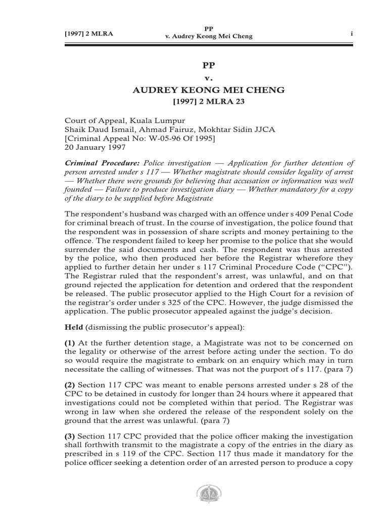 PP V Audrey Keong Mei Cheng | PDF | Arrest | Detention (Imprisonment)
