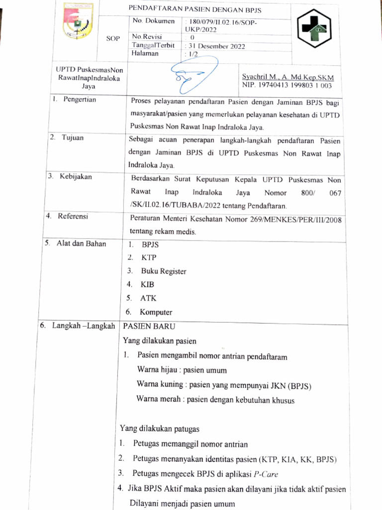 SOP Pendaftaran Pasien BPJS Puskesmas | PDF