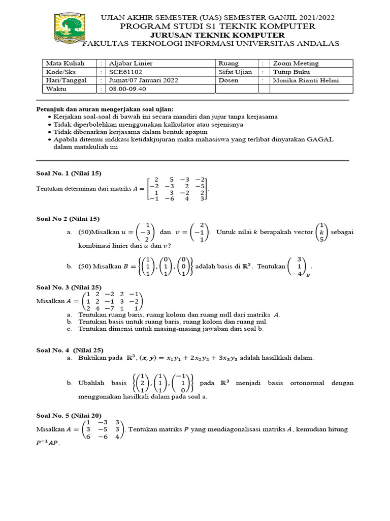 Uas Aljabar Linier 2021-2022 | PDF