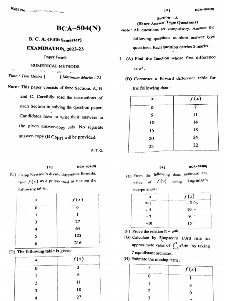 Bca 5 Sem Numerical Methods Bca 504 N 2023 | PDF