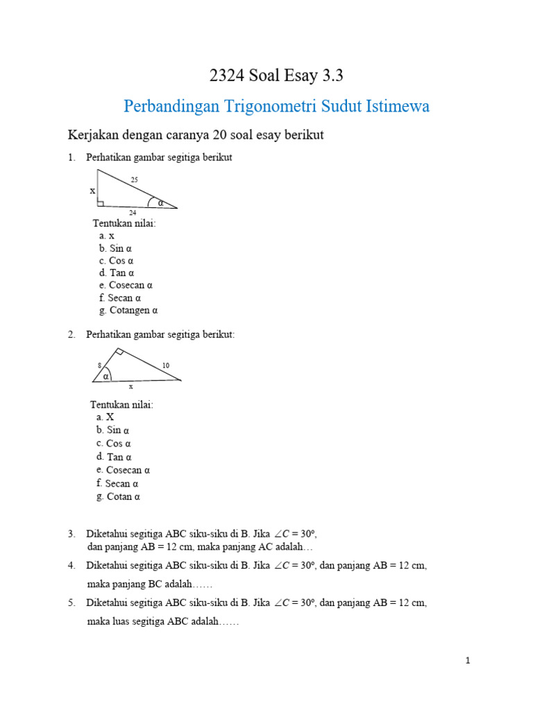 2324 Soal Esay 3.3 Rasio Trigonometri Sudut Istimewa | PDF