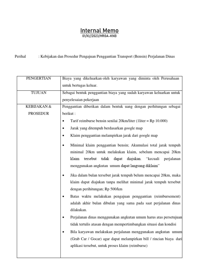 Kebijakan Reimbursement Bensin Dinas | PDF