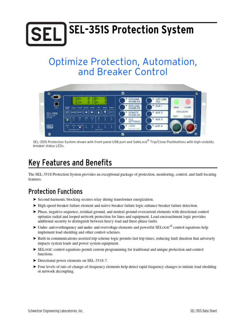 SEL-351S Protection System: Optimize Protection, Automation, and Breaker Control | PDF | Relay ...