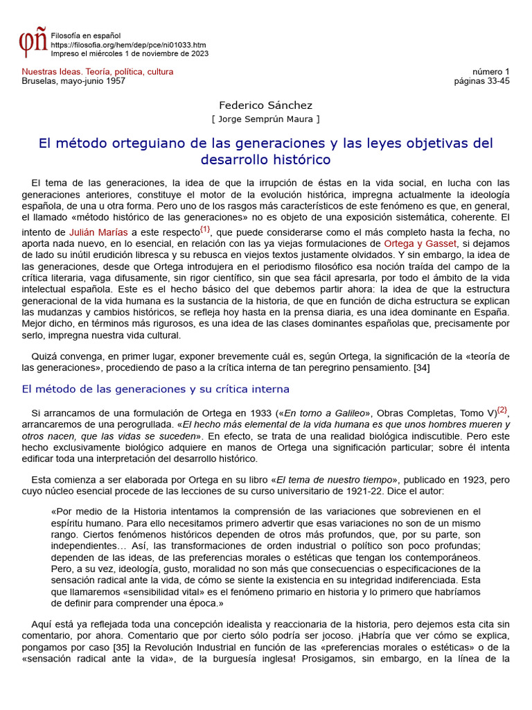 Federico Sánchez, El Método Orteguiano de Las Generaciones y Las Leyes Objetivas Del Desarrollo ...