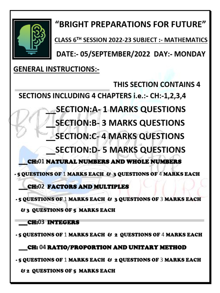 Class 6TH Session 2022-23 Maths 80 Marks Test | PDF | Prime Number ...