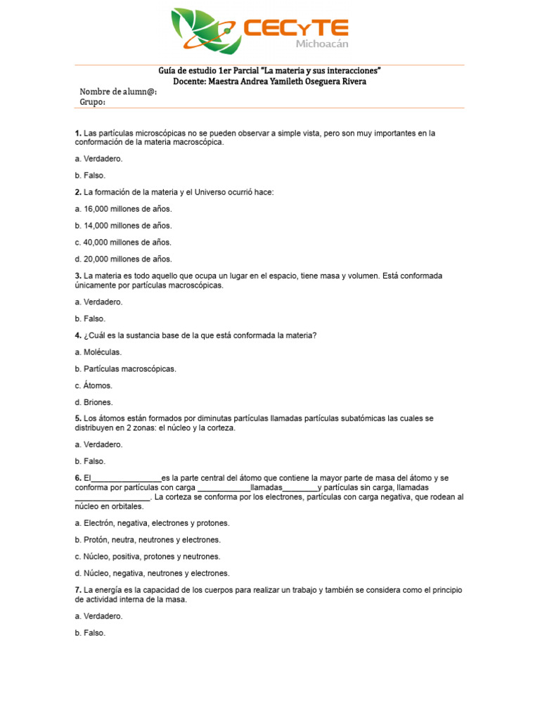 Guia de Estudio - La Materia y Sus Interacciones | PDF | Átomos | Importar