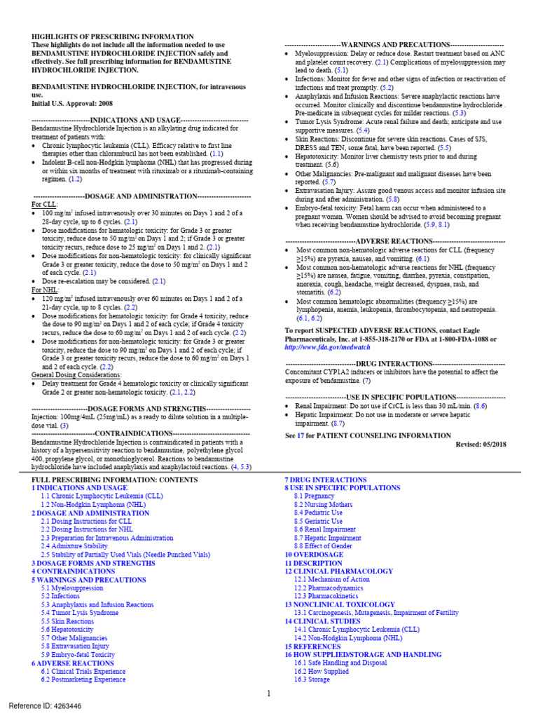 Bendamustine Hydrochloride (IV) Alkylating Drug (2008) FDA For NHL & CLL | PDF | Intravenous ...