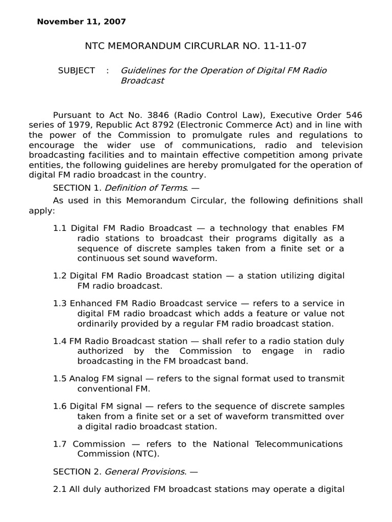 Guidelines For The Operation of Digital FM Radio Broadcast | PDF ...