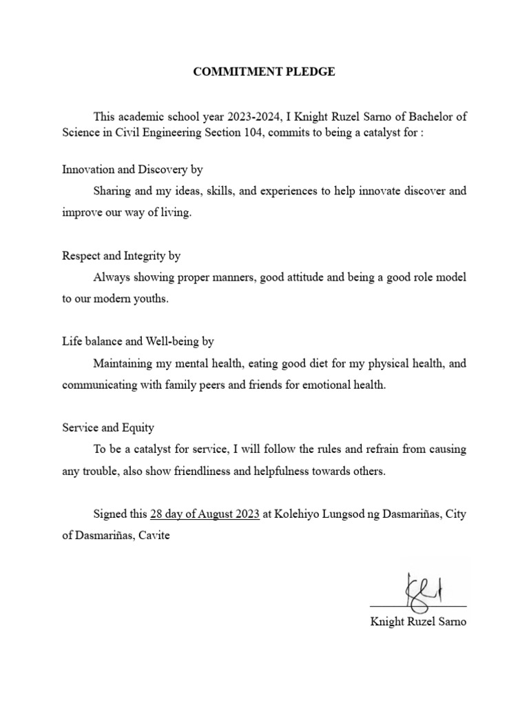 Bsce 104 Sarno Knight Ruzel Commitment Pledge | PDF | Career & Growth ...
