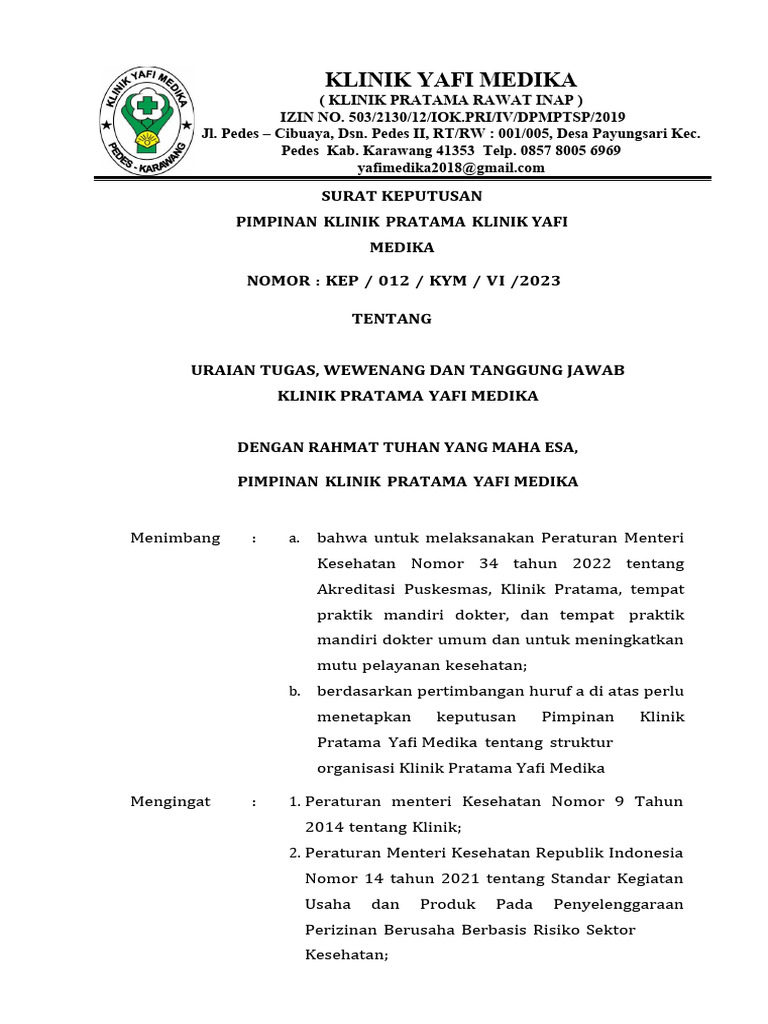 SK Uraian Tugas, Tanggung Jawab Dan Wewenang Klinik | PDF | Pengembangan Diri | Sains & Matematika