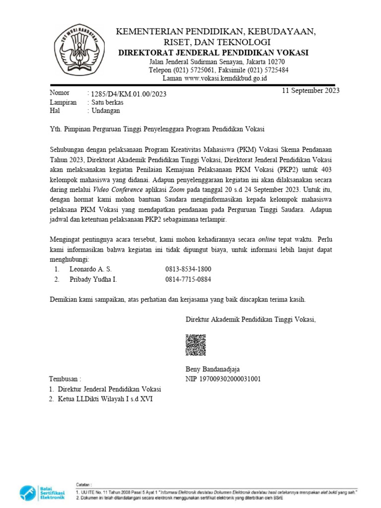 1285 - Pengumuman Pelaksanaan PKP PKM Vokasi Skema Pendanaan Tahun 2023 - Revisi | PDF