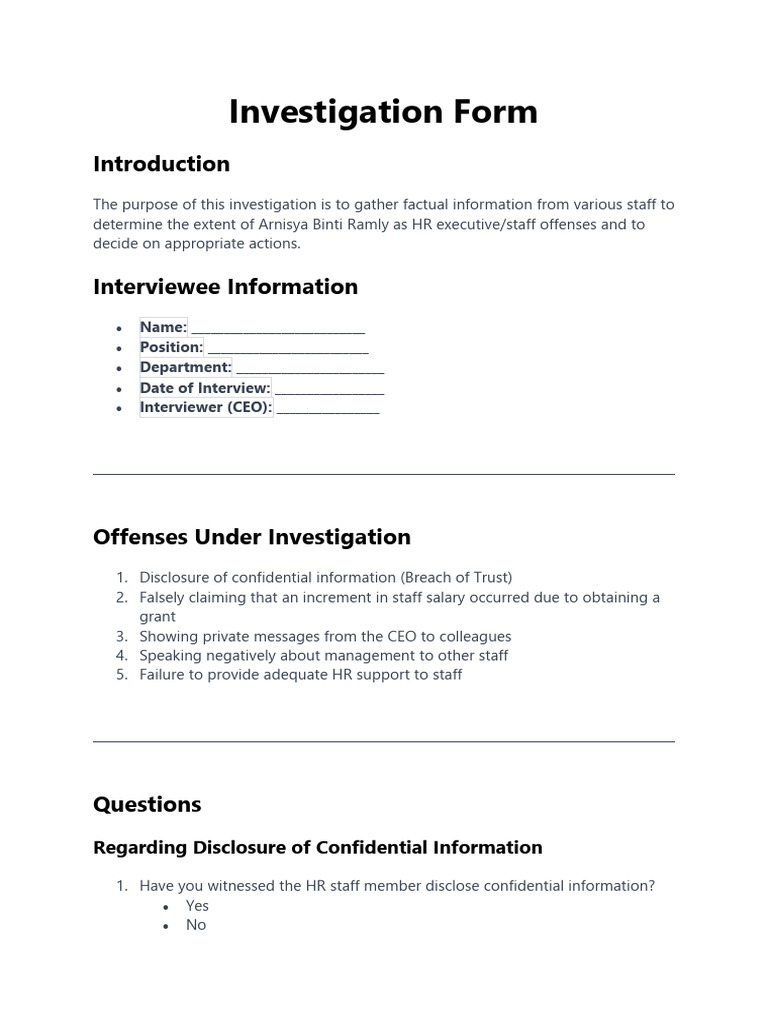 Investigation Form | PDF | Information | Confidentiality