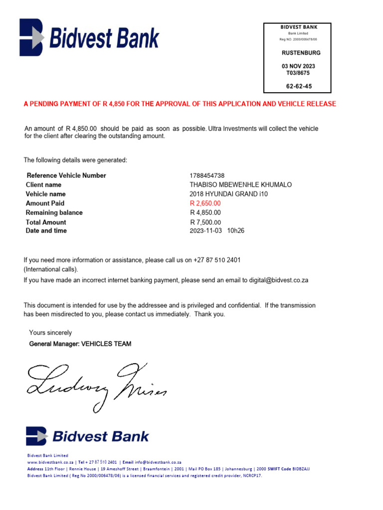 Bidvest Bank Payment Confirmation Details | PDF | Finance & Money ...